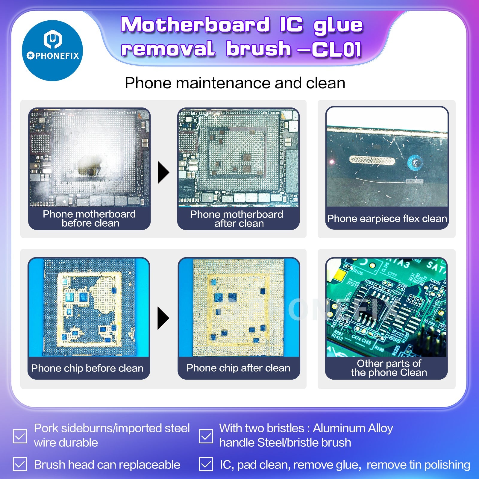 i2C CL01 Anti-Static Bristle/Steel Cleaning Brush Phone PCB Repair Kit